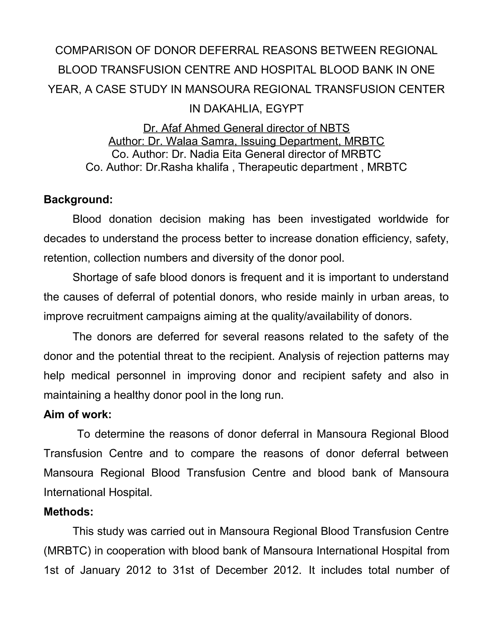 COMPARISON OF DONOR DEFERRAL REASONS BETWEEN REGIONAL BLOOD TRANSFUSION ...