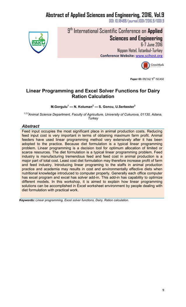 Linear Programming and Excel Solver Functions for Dairy Ration Calculation | PDF