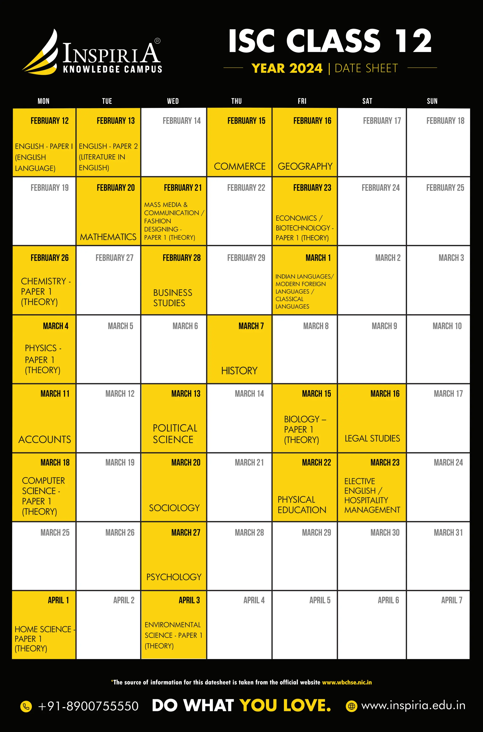 ISC Class 12 Datesheet 2024 | PDF