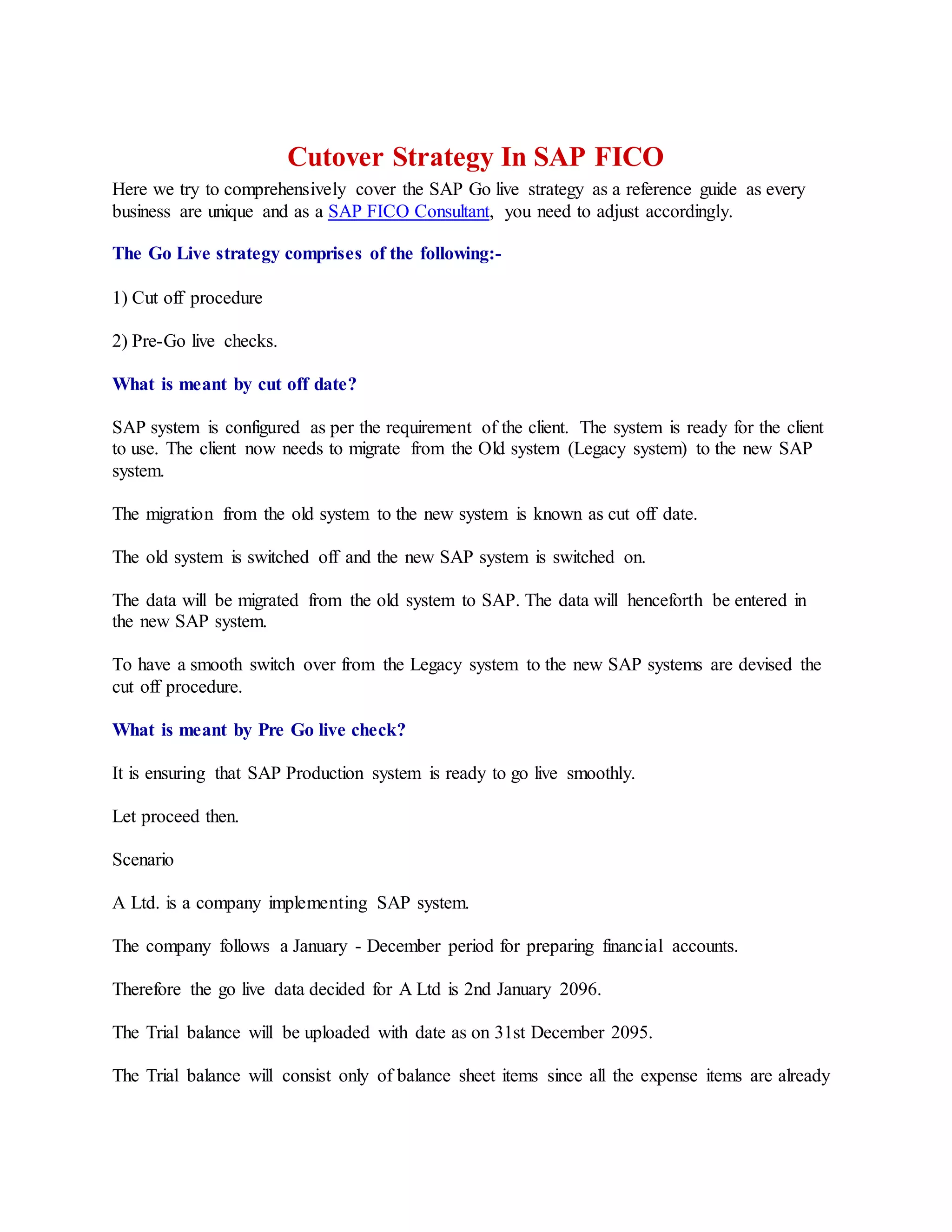 Cutover strategy in sap fico | DOCX