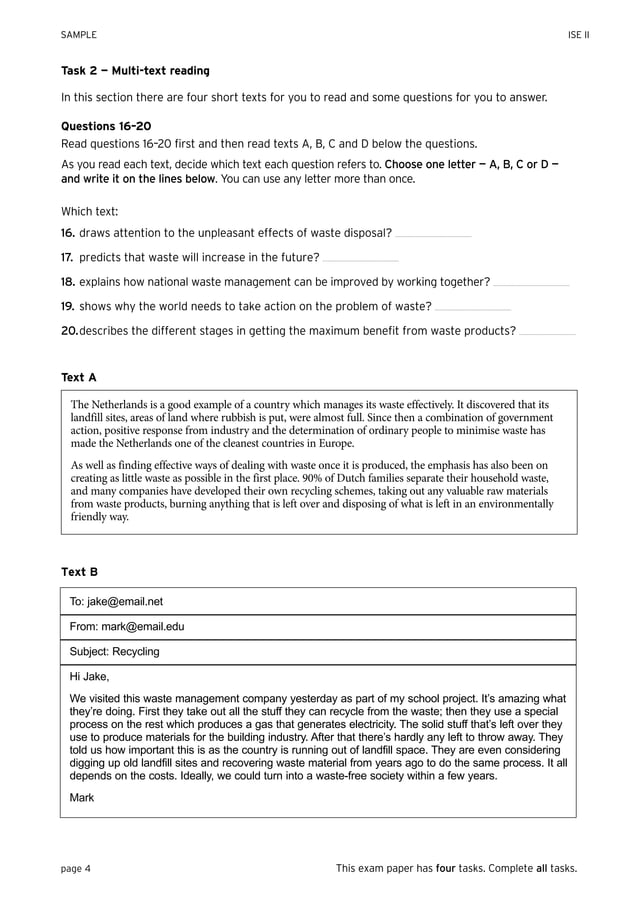 Trinity Integrated Skills in English II Sample Paper 4 (with answers) | PDF