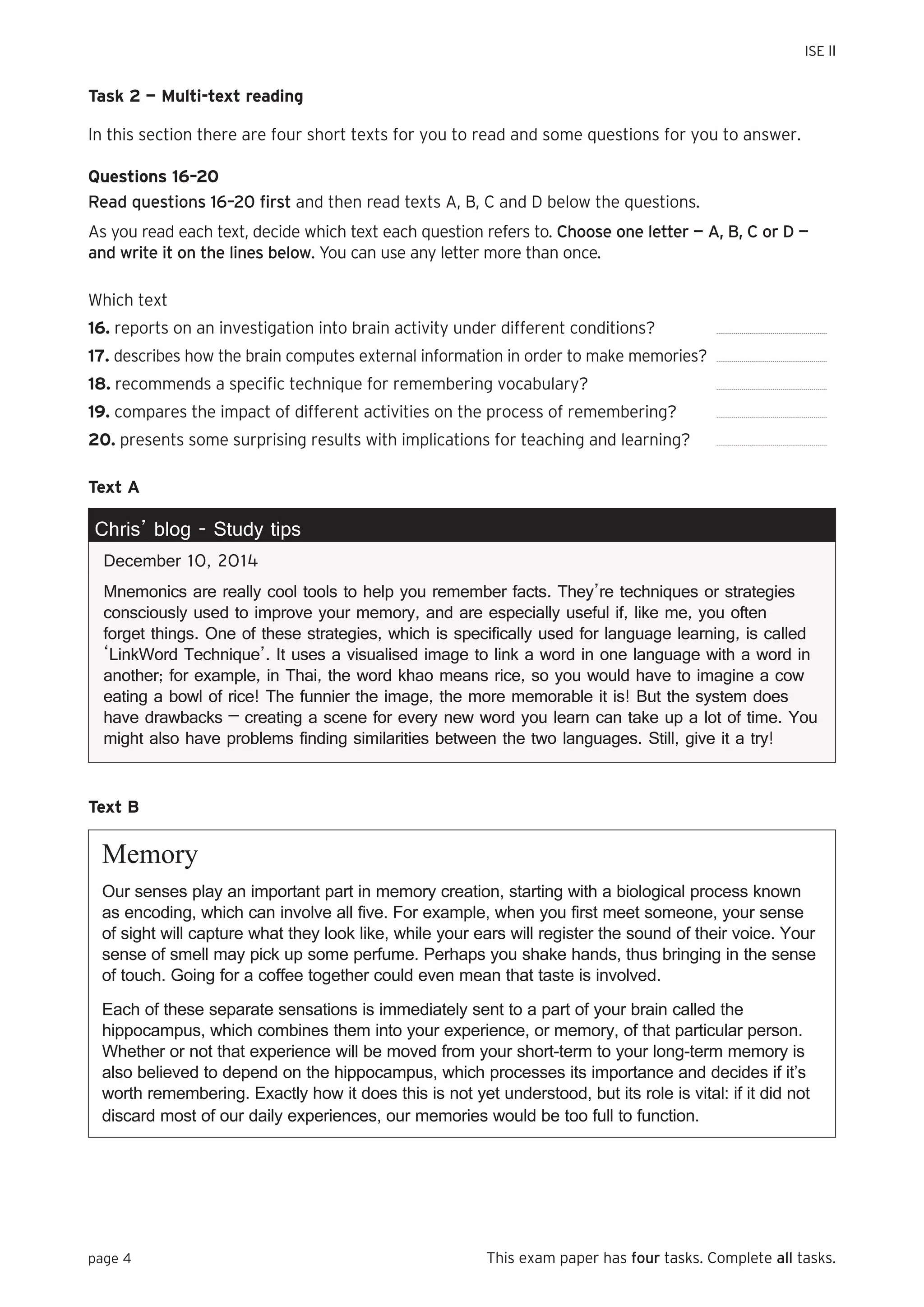 Trinity Integrated Skills in English II Sample Paper 2 (with answers) | PDF