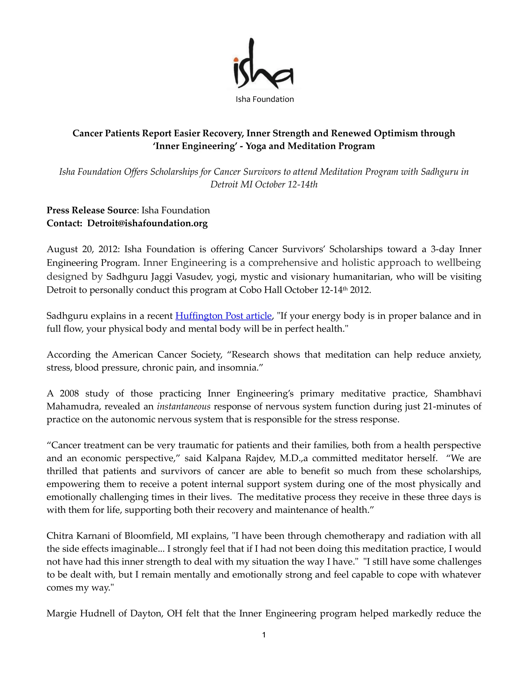 Isha foundation offers scholarships for cancer survivors to attend ...