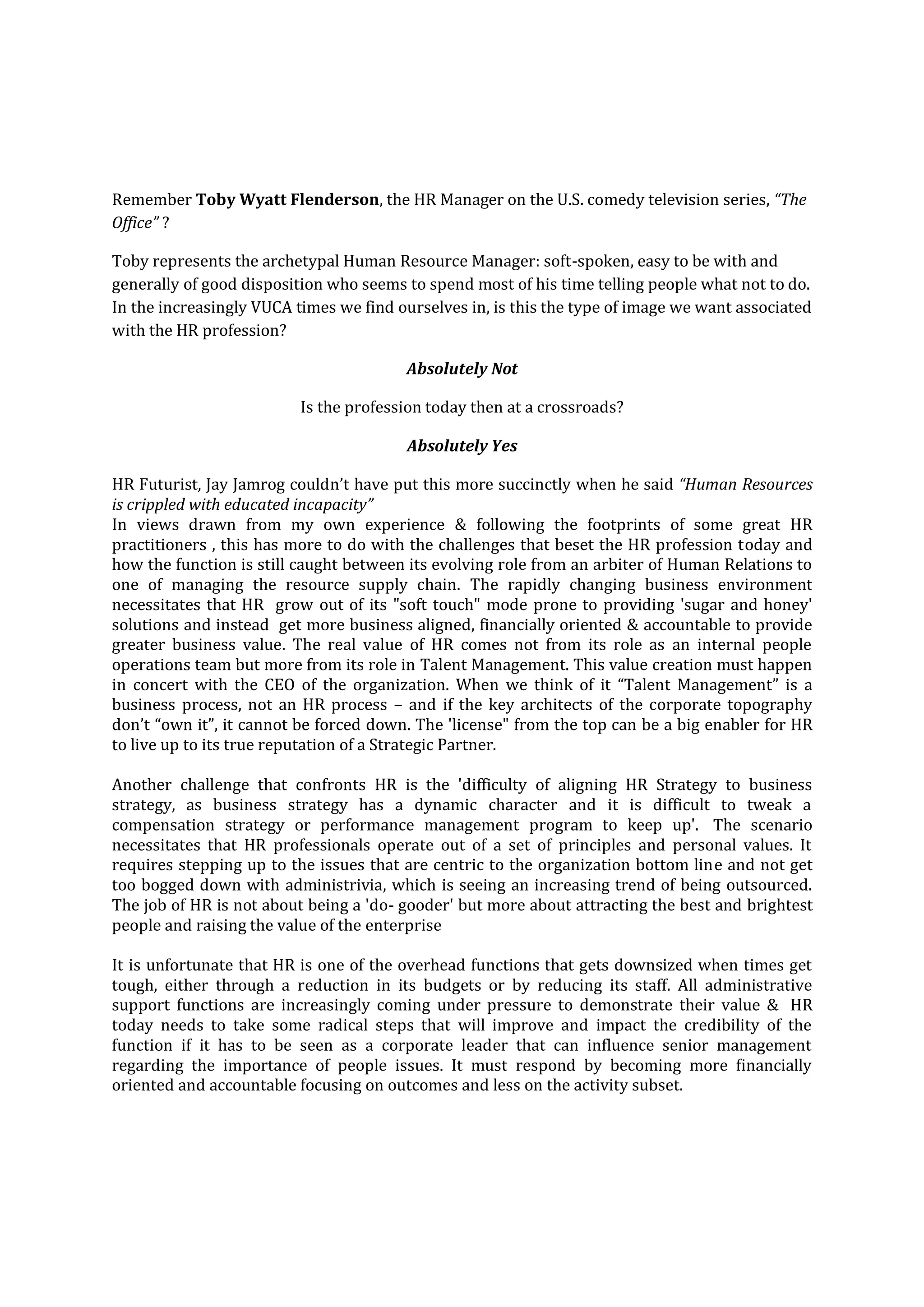 Why HR needs to shed its Toby Flenderson image? | PDF