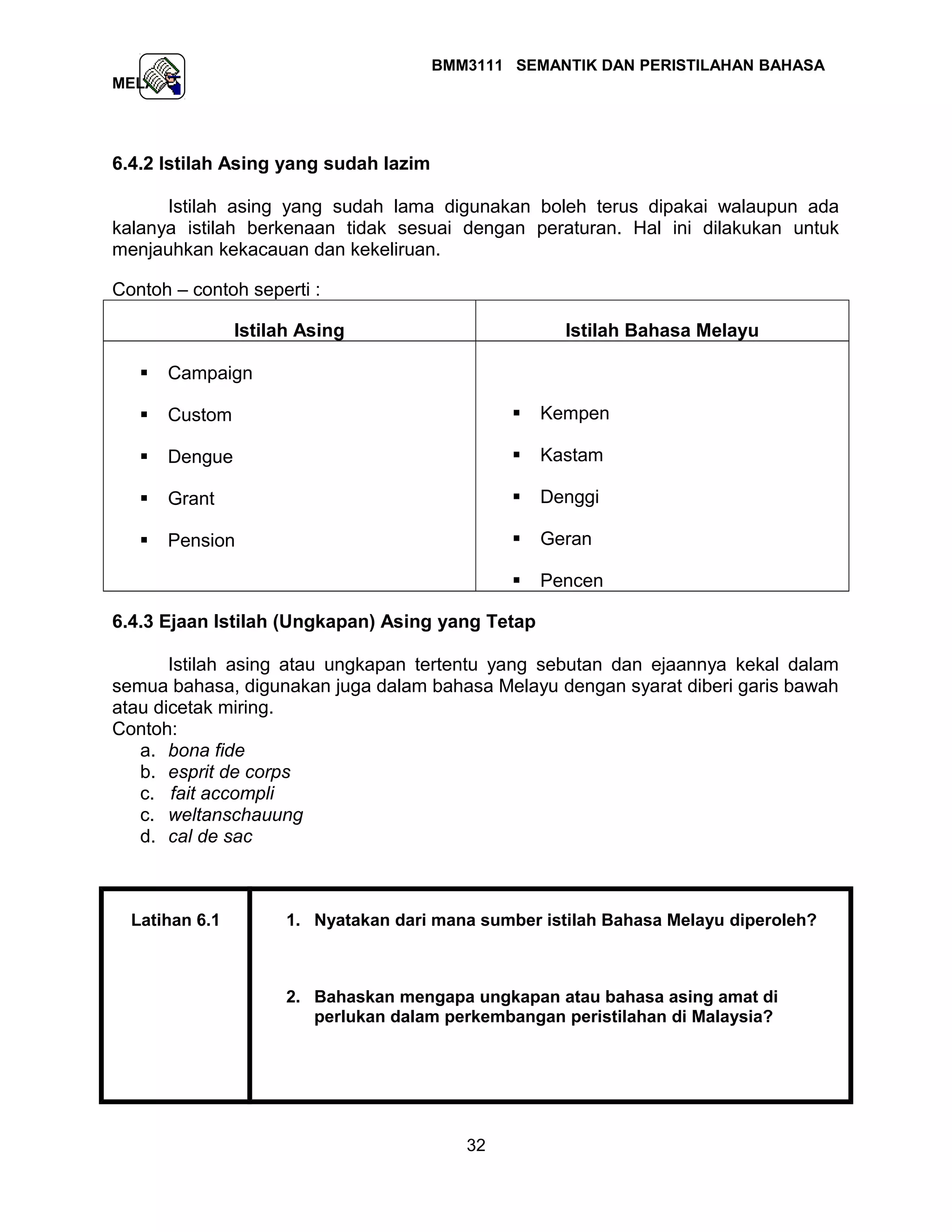 Isi pelajaran-semantik-dan-peristilhan-bahasa-melayu-psgr-bmm3111-1 | DOC