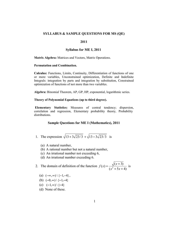 ISI MSQE Entrance Question Paper (2011) | PDF