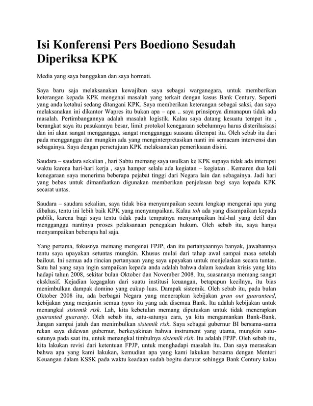 Isi konferensi pers Boediono sesudah diperiksa KPK | PDF