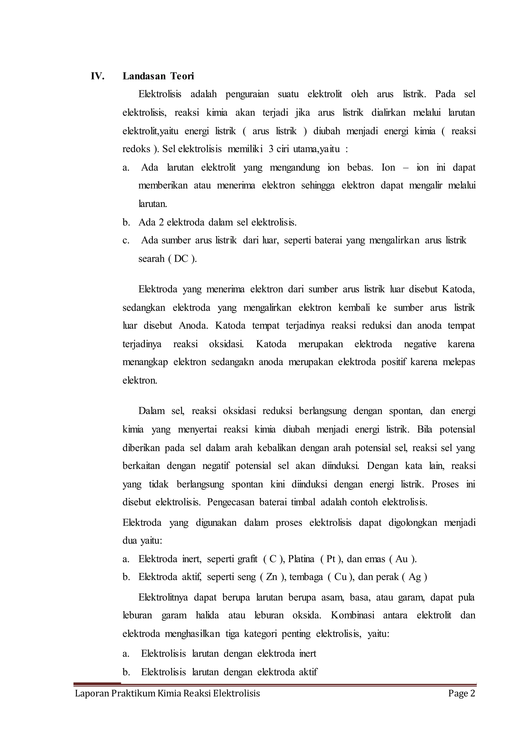 laporan kimia elektrolisis | DOCX
