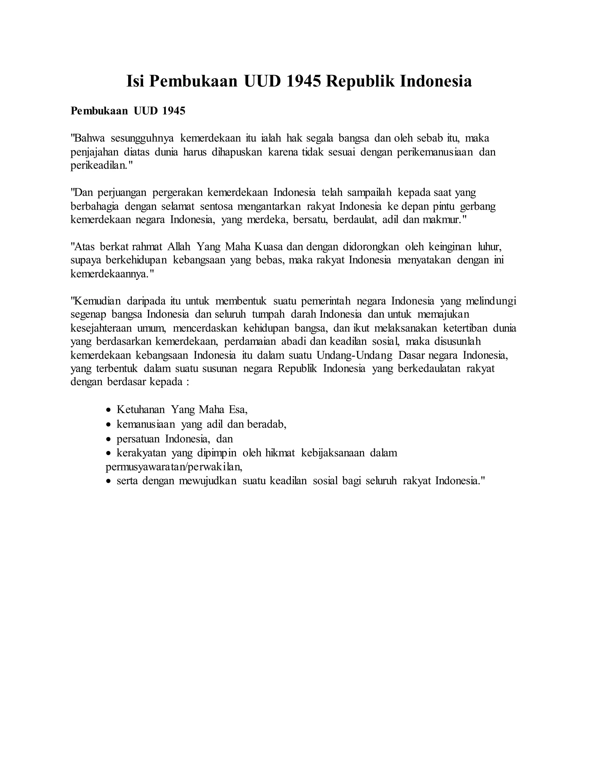 Isi pembukaan uud 1945 republik indonesia | PDF