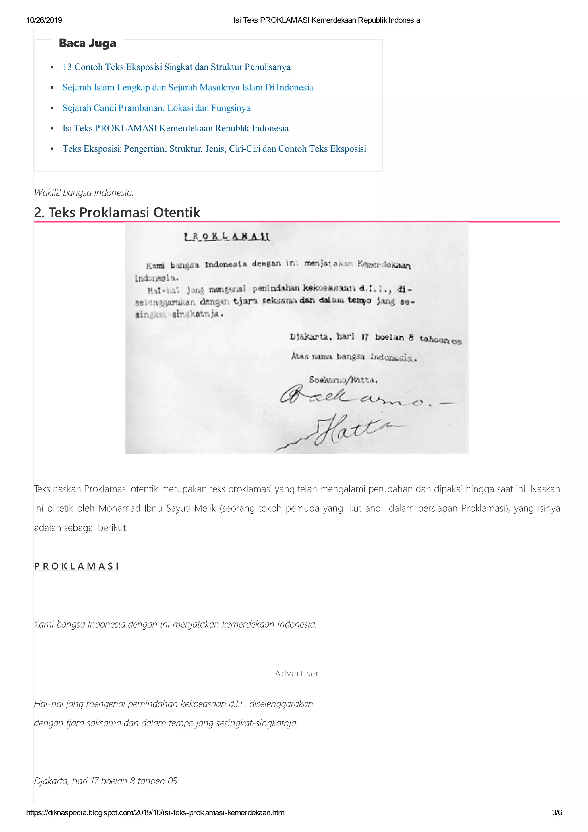 Isi naskah teks proklamasi kemerdekaan republik indonesia | PDF