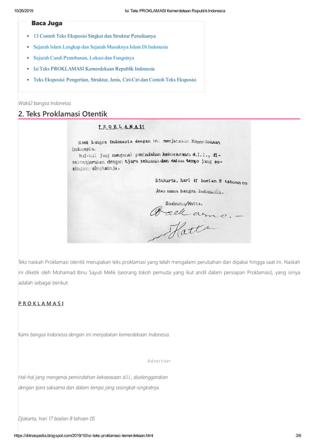Isi naskah teks proklamasi kemerdekaan republik indonesia | PDF