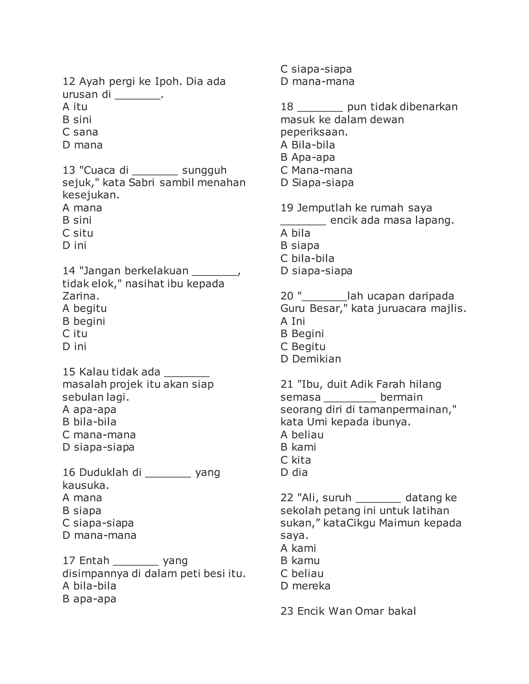 Isi tempat kosong dengan jawapan yang paling sesuai | DOCX