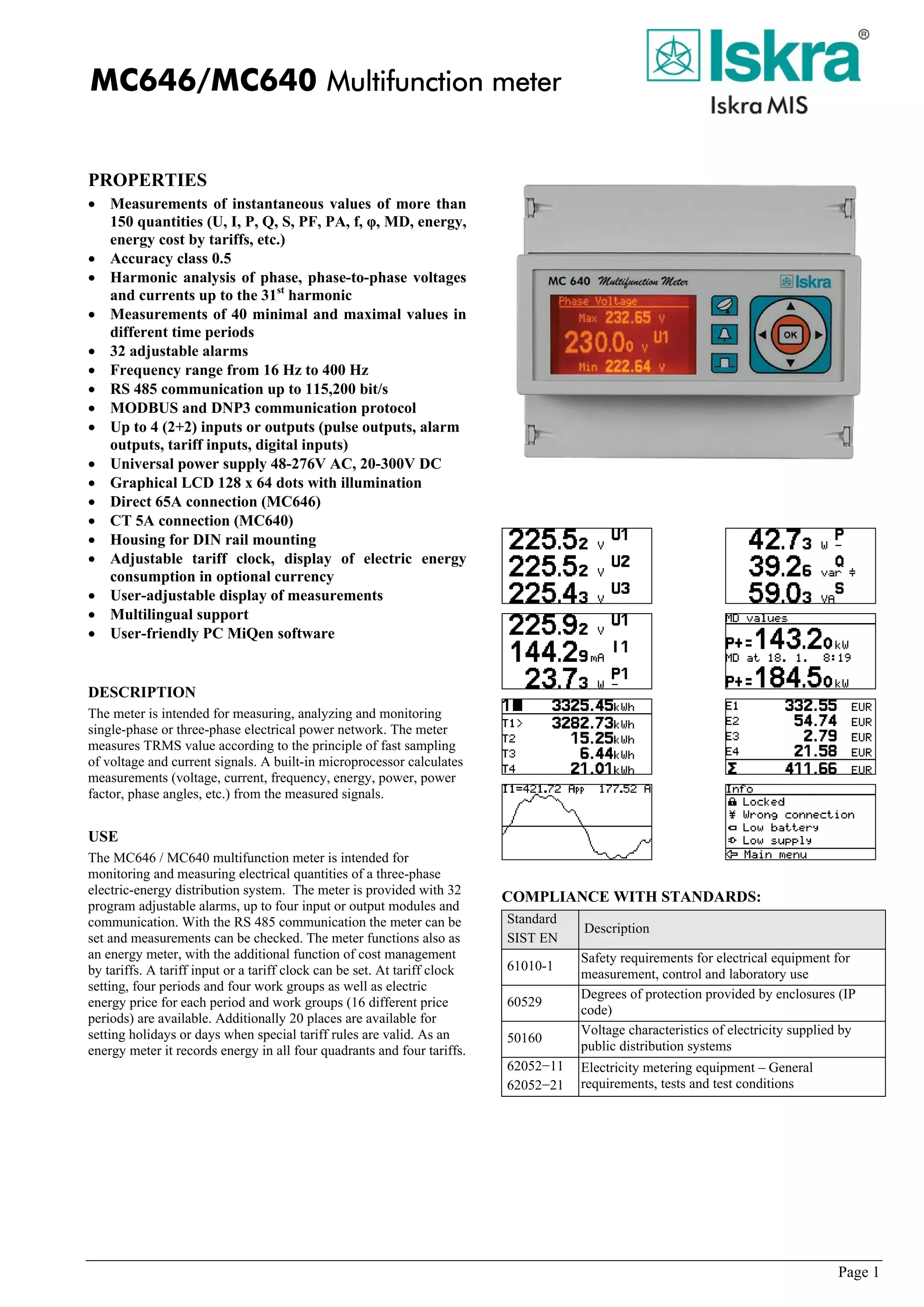 Iskra MC 640 Multifunction Meter Datasheet Manual | PDF