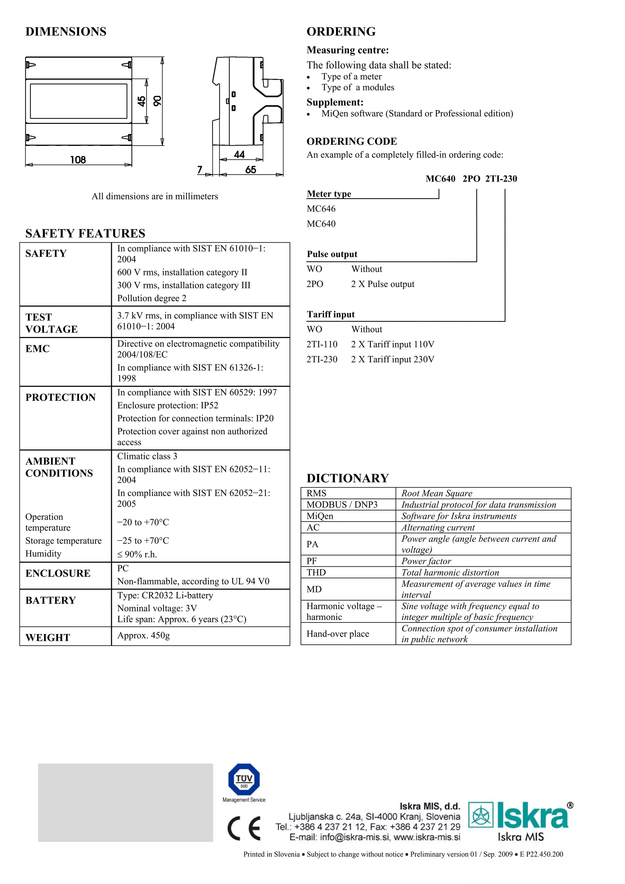 Iskra MC 640 Multifunction Meter Datasheet Manual | PDF
