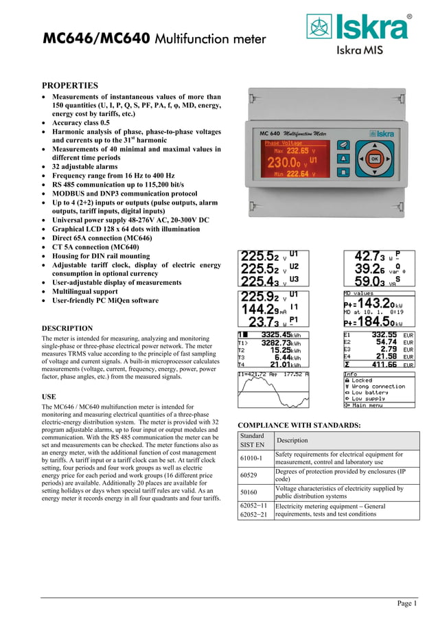 Iskra MC 640 Multifunction Meter Datasheet Manual | PDF