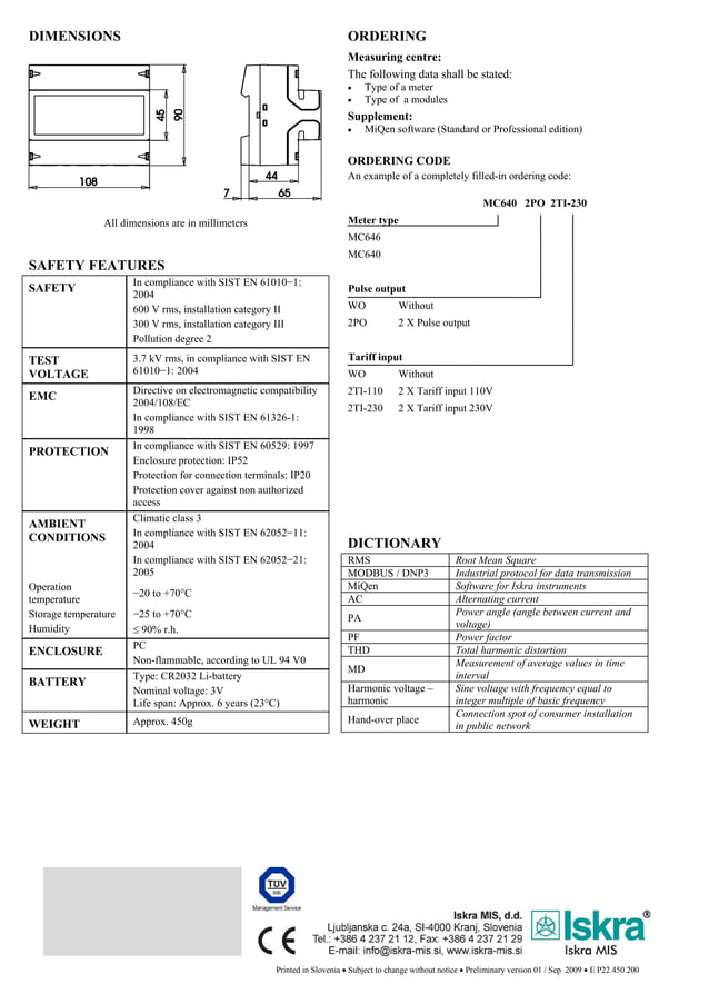 Iskra MC 640 Multifunction Meter Datasheet Manual | PDF