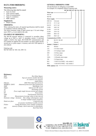 Iskra MC 760 Network Analyzer - Datasheet Manual | PDF