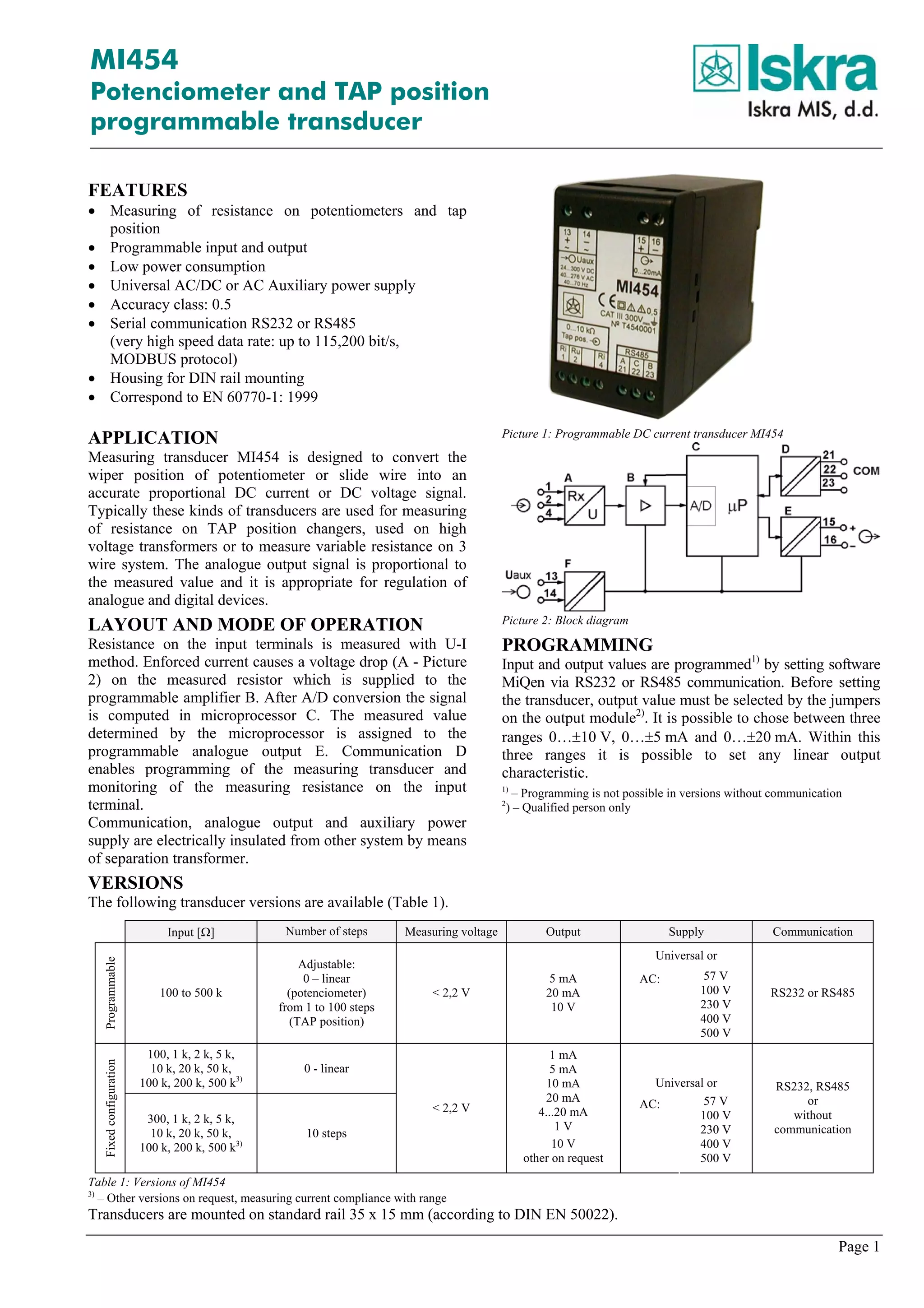 ISKRA MI 454 Measuring Transducer - Datasheet | PDF