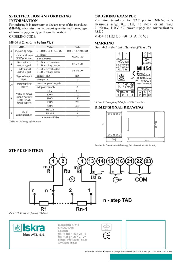 ISKRA MI 454 Measuring Transducer - Datasheet | PDF