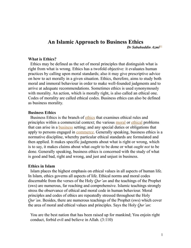 Islamic Approach to Business Ethics | PDF
