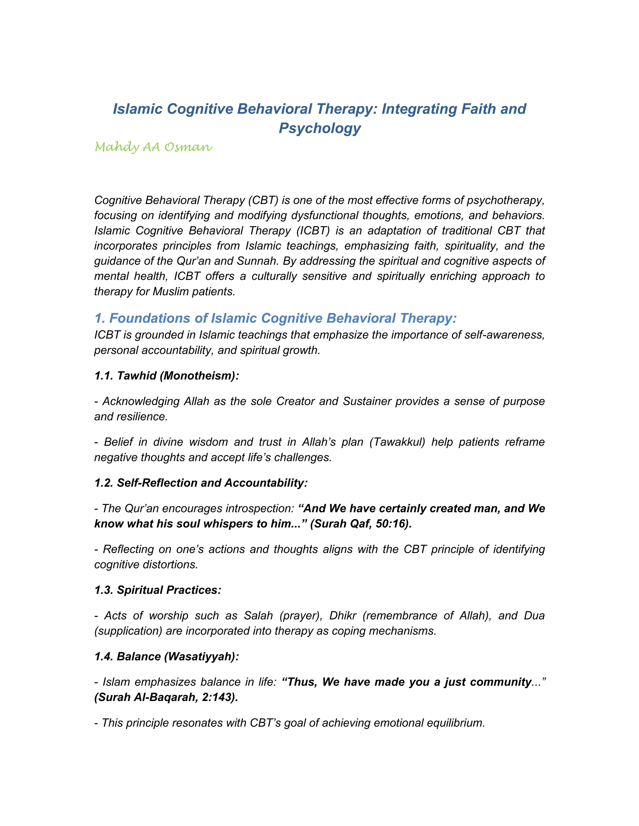 Islamic Cognitive Behavioral Therapy Integrating Faith and Psychology | PDF