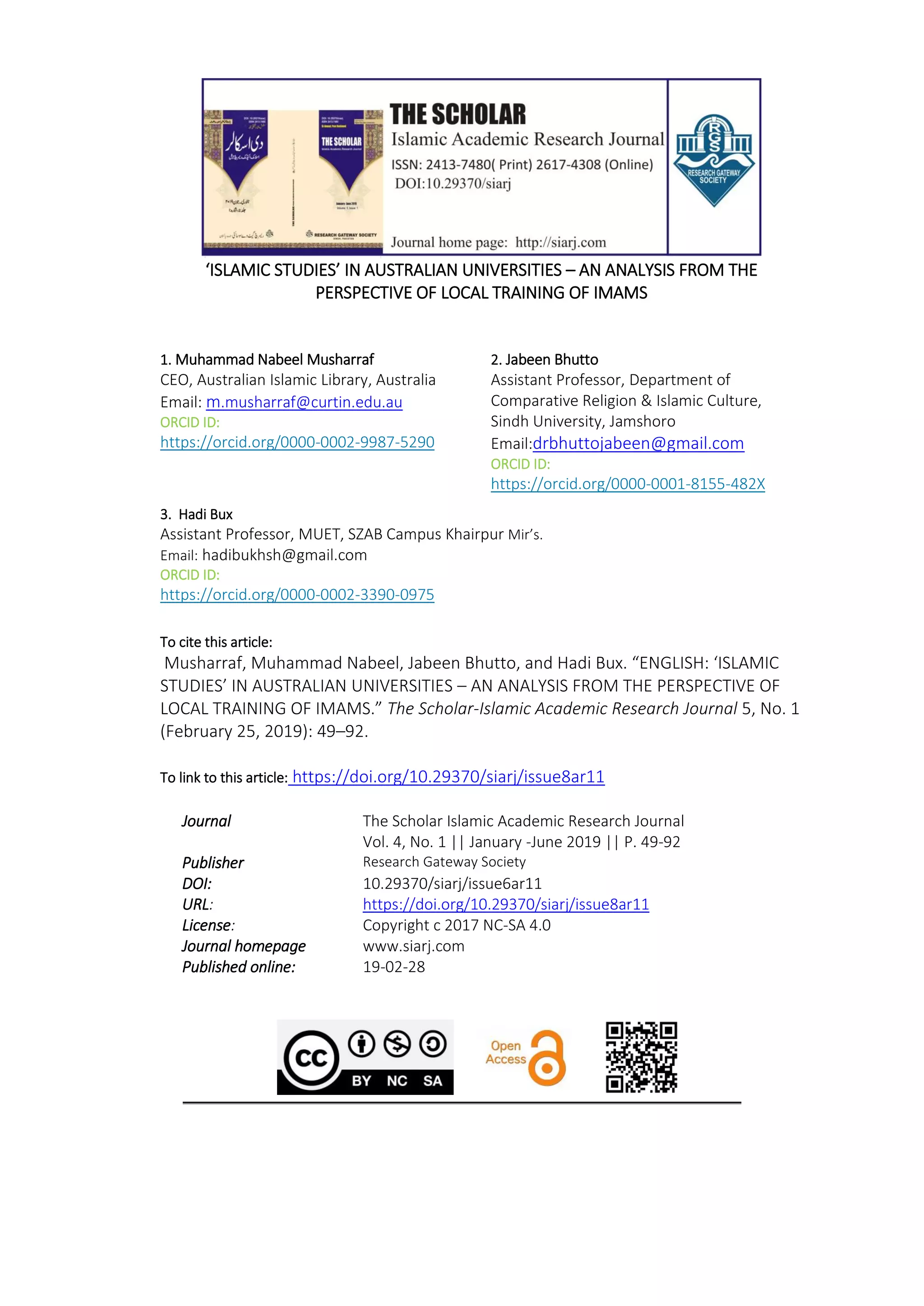 Islamic studies in australian universities - An analysis from the perspective of local training ...