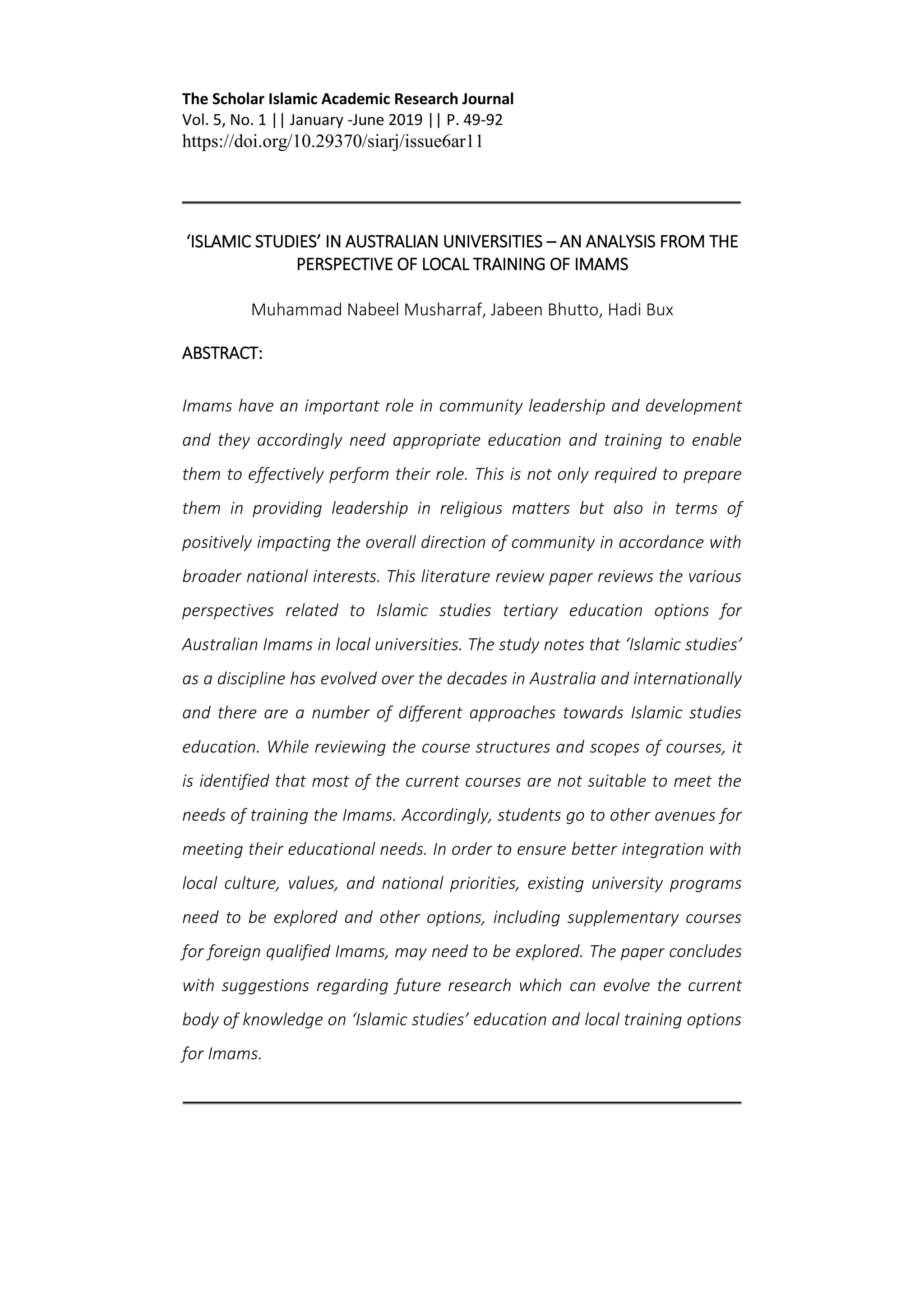 Islamic studies in australian universities - An analysis from the perspective of local training ...