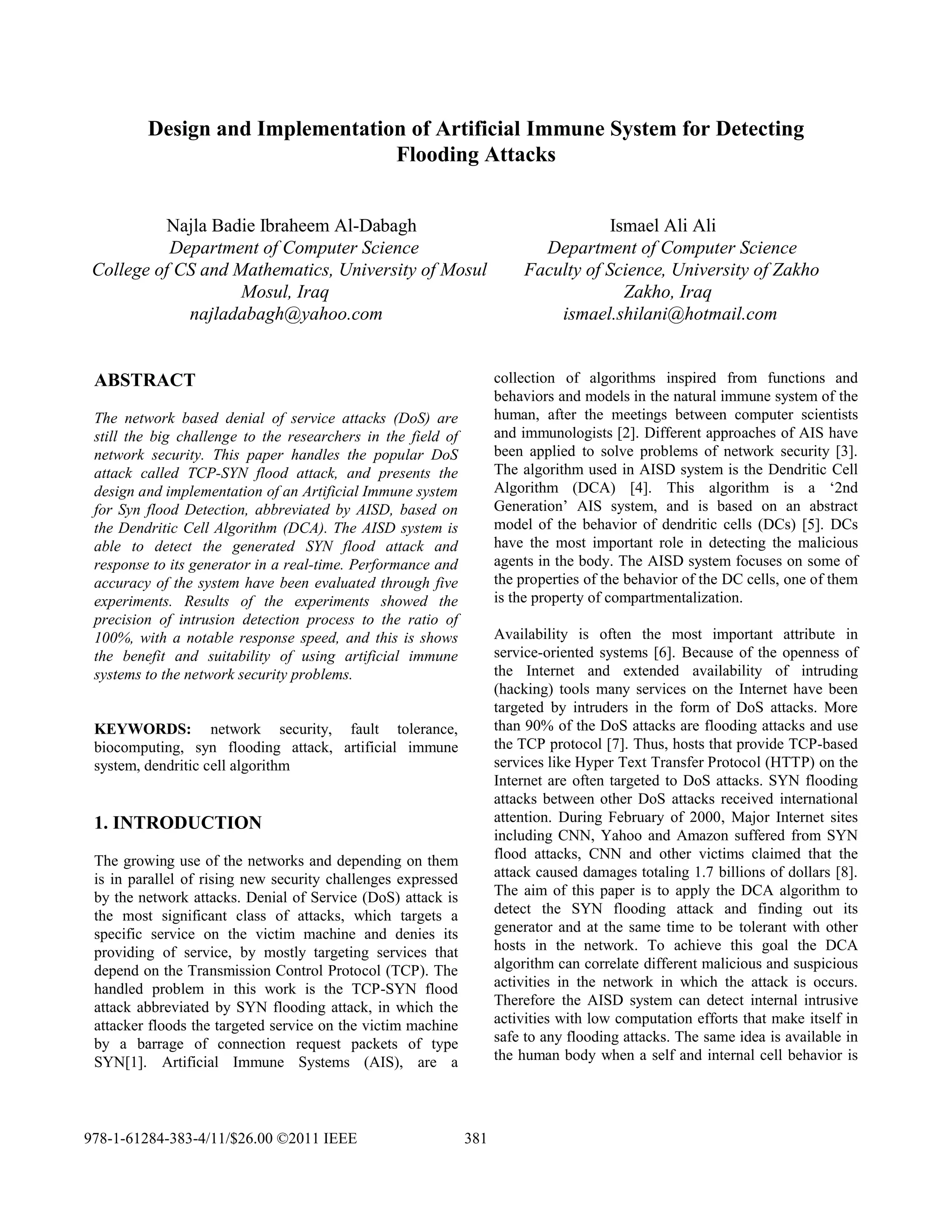 Design and Implementation of Artificial Immune System for Detecting Flooding Attacks | PDF ...