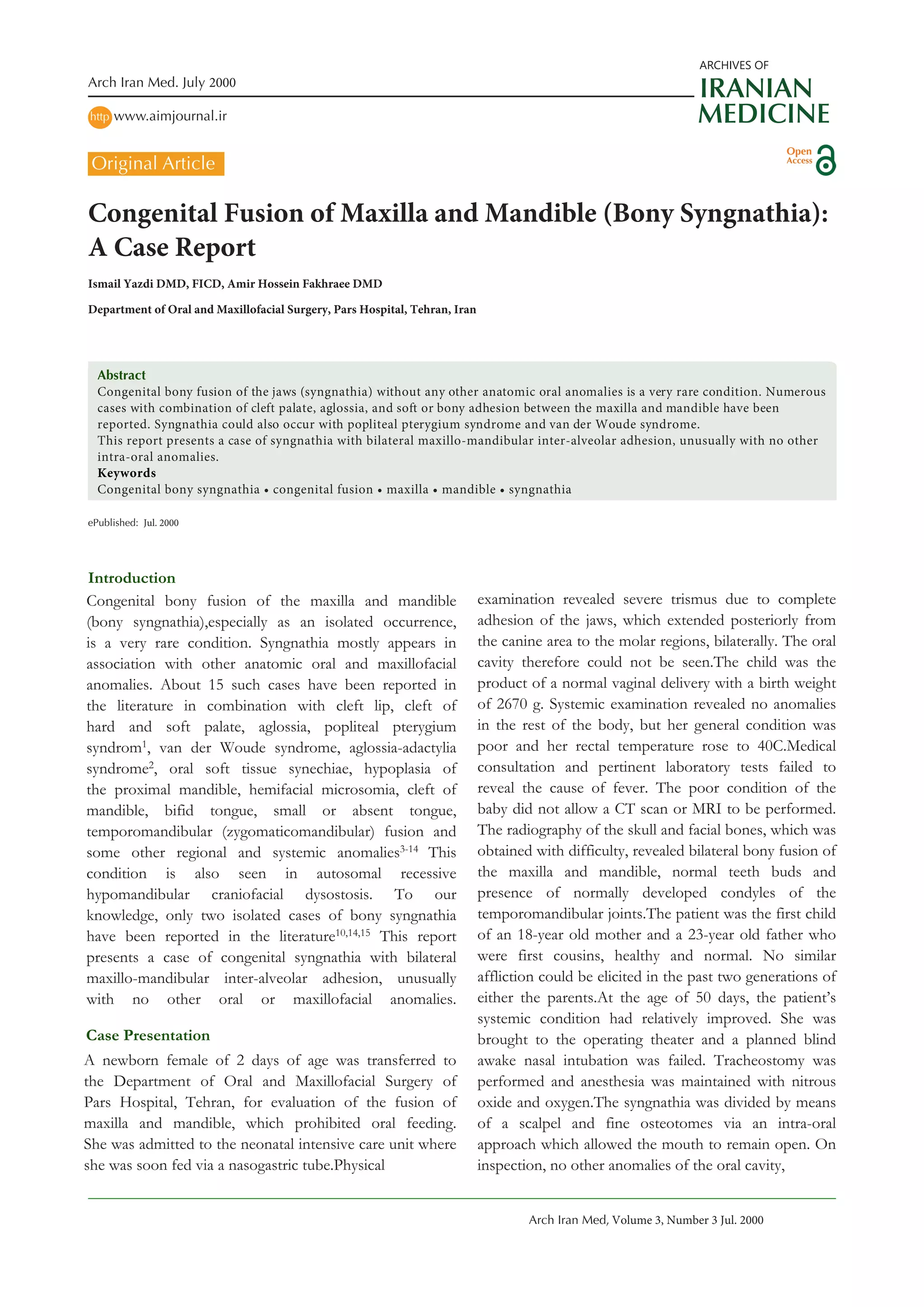 2.Ismail Yazdi anda Amir Hossein Fakhraee Congenital Fusion of Maxilla ...