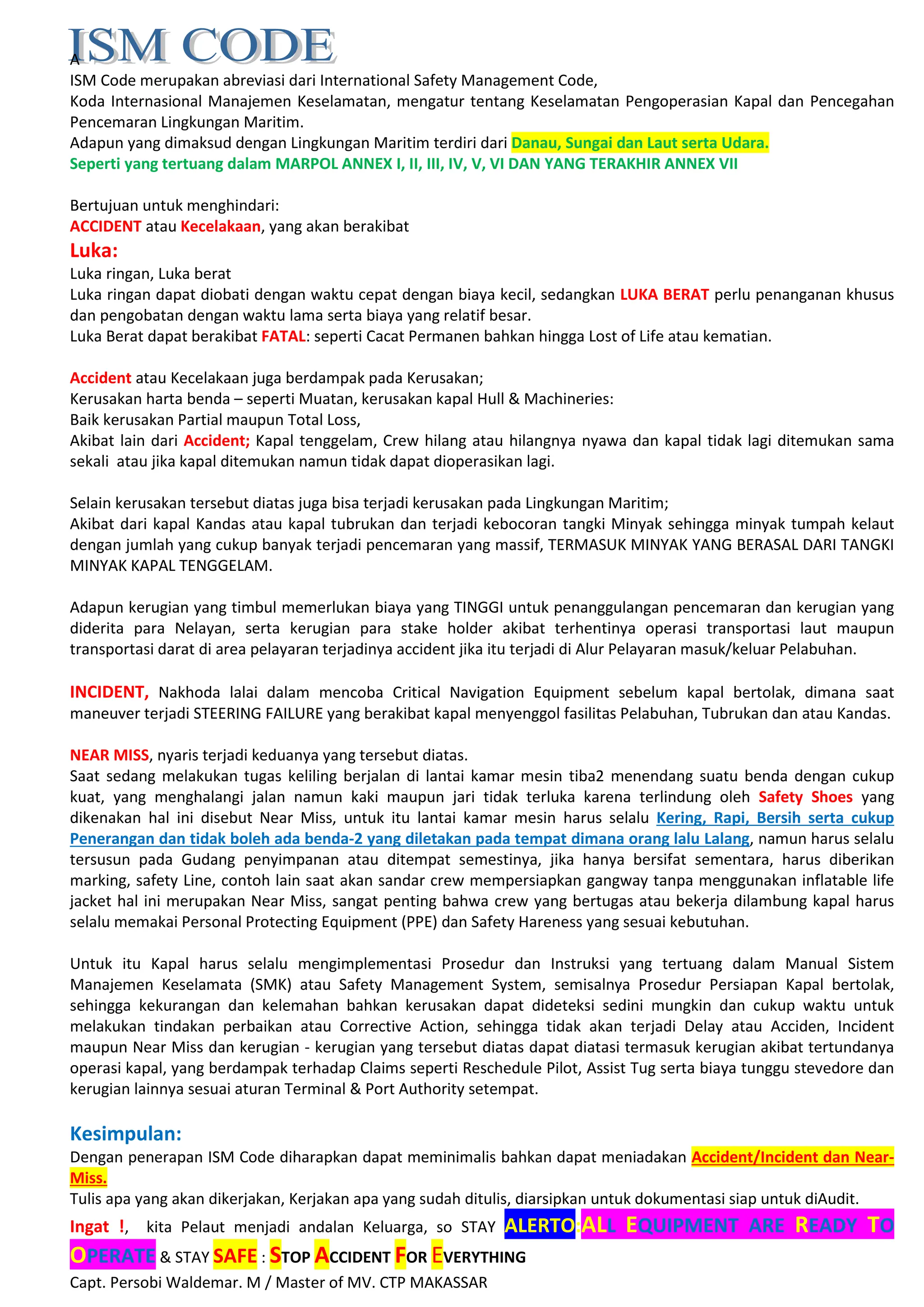 PELAJARAN SINGKAT ISM CODE UNTUK NEW JOINER DAN CREW LAMA SEBAGAI REMINDER AGAR TIDAK LUPA | DOC