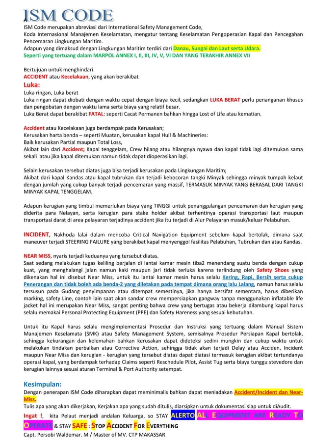 PELAJARAN SINGKAT ISM CODE UNTUK NEW JOINER DAN CREW LAMA SEBAGAI REMINDER AGAR TIDAK LUPA | DOC