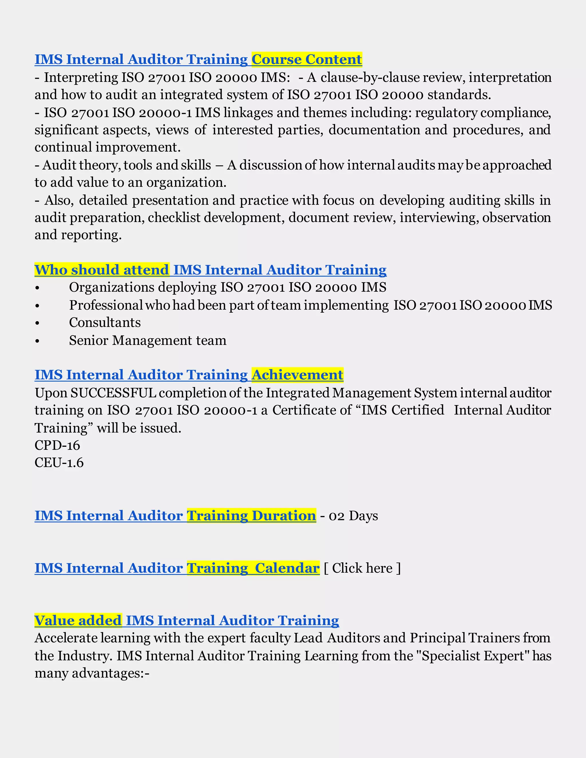 IMS training | ISO 27001 ISO 20001 IMS Internal Auditor Training | PDF