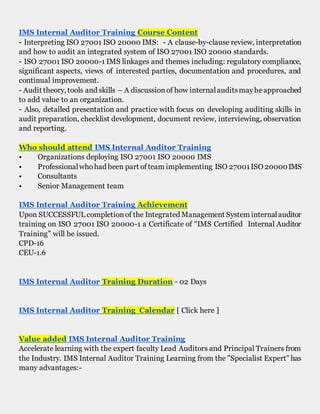 IMS training | ISO 27001 ISO 20001 IMS Internal Auditor Training | DOCX