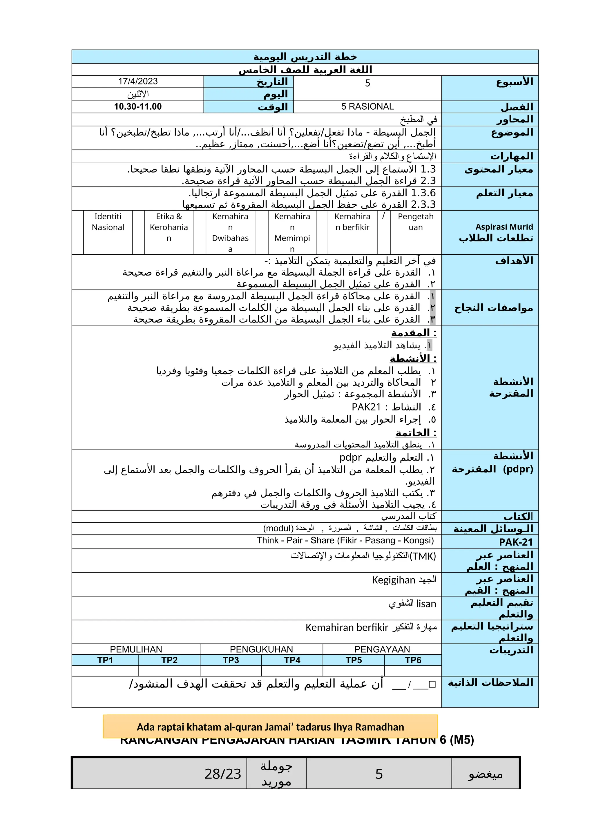 Isnin M5 اکتيويتي: 1. ممباچ اية سچارا تلقي دان مشاڤهة 2. ممبتولكن باچاءن يڠ كورڠ فصيح 3 ...