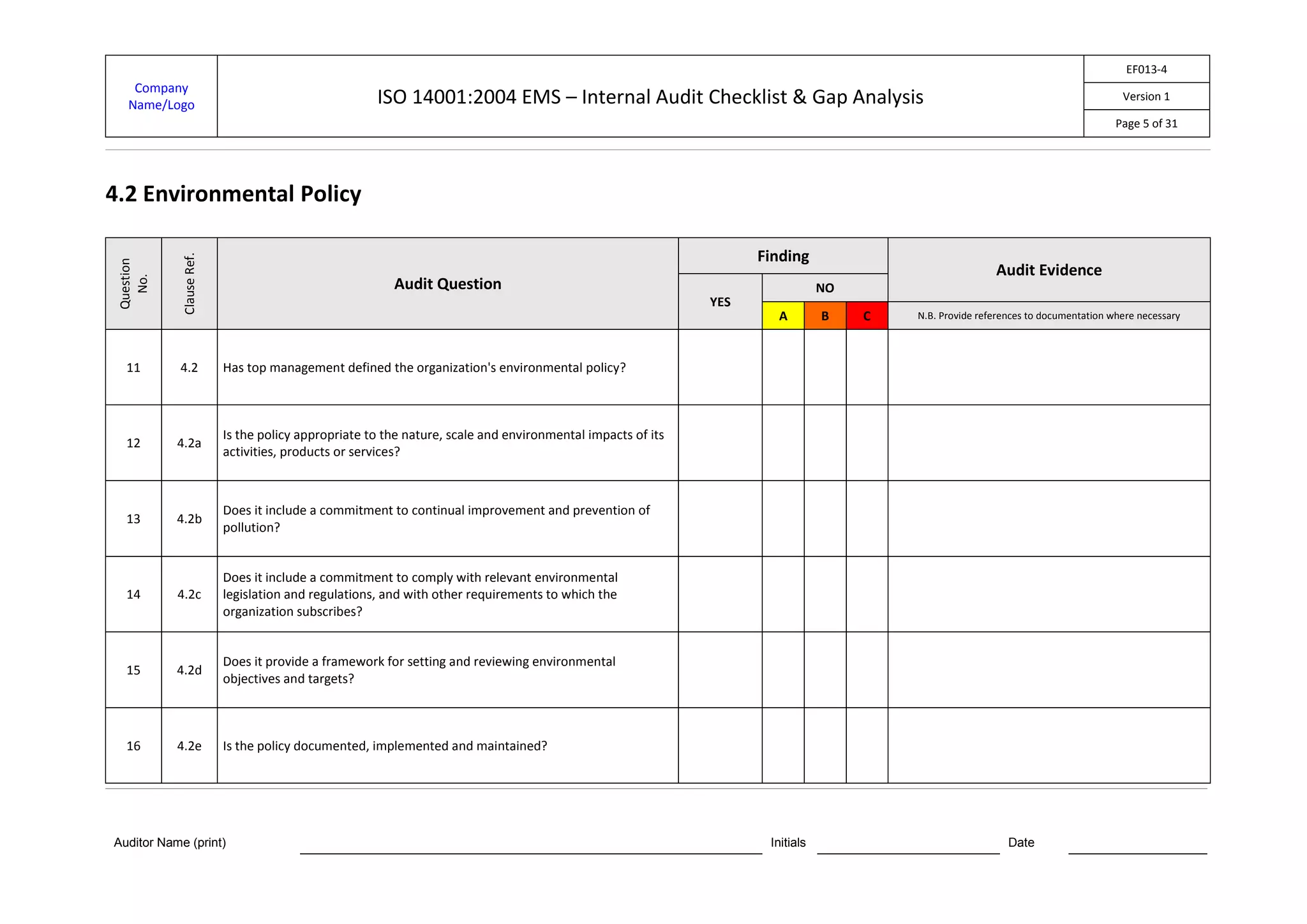 Iso 14001-ems-internal-audit-checklist-example ok | PDF
