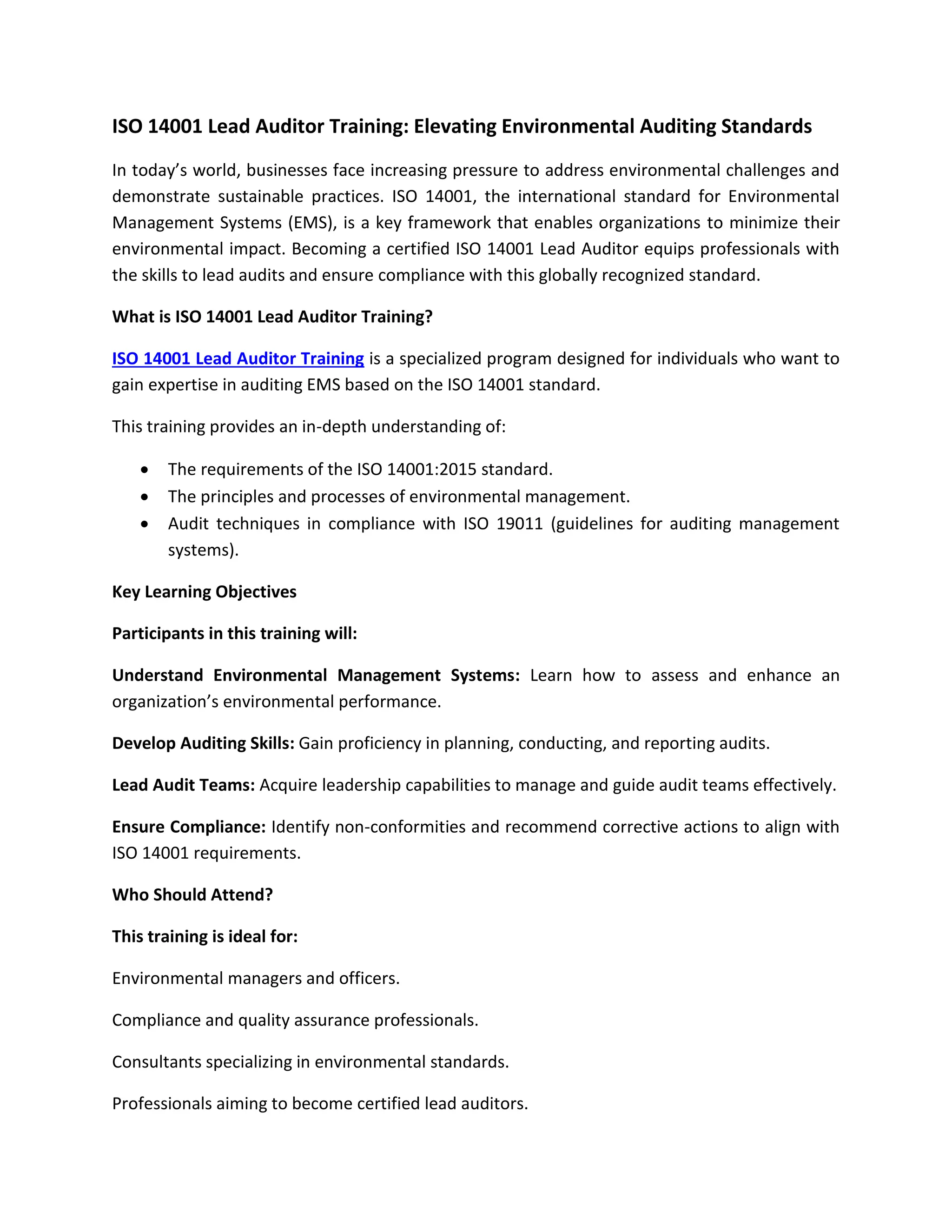 ISO 14001 Lead Auditor Training: Elevating Environmental Auditing ...