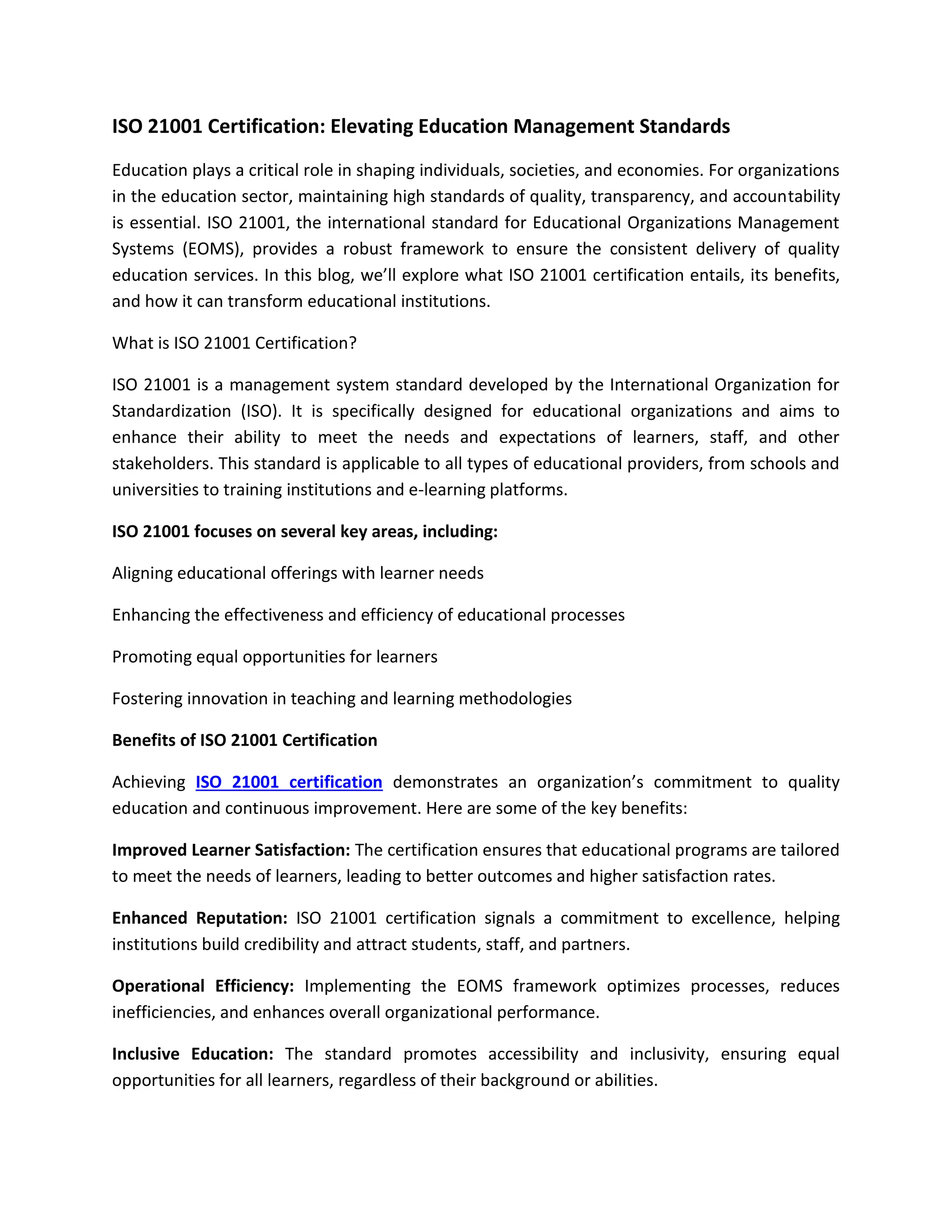 ISO 21001 Certification: Elevating Education Management Standards | PDF