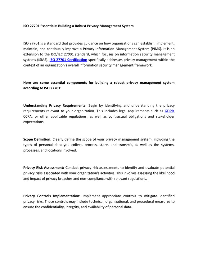 ISO 27701 Essentials: Building a Robust Privacy Management System | PDF | Information and ...