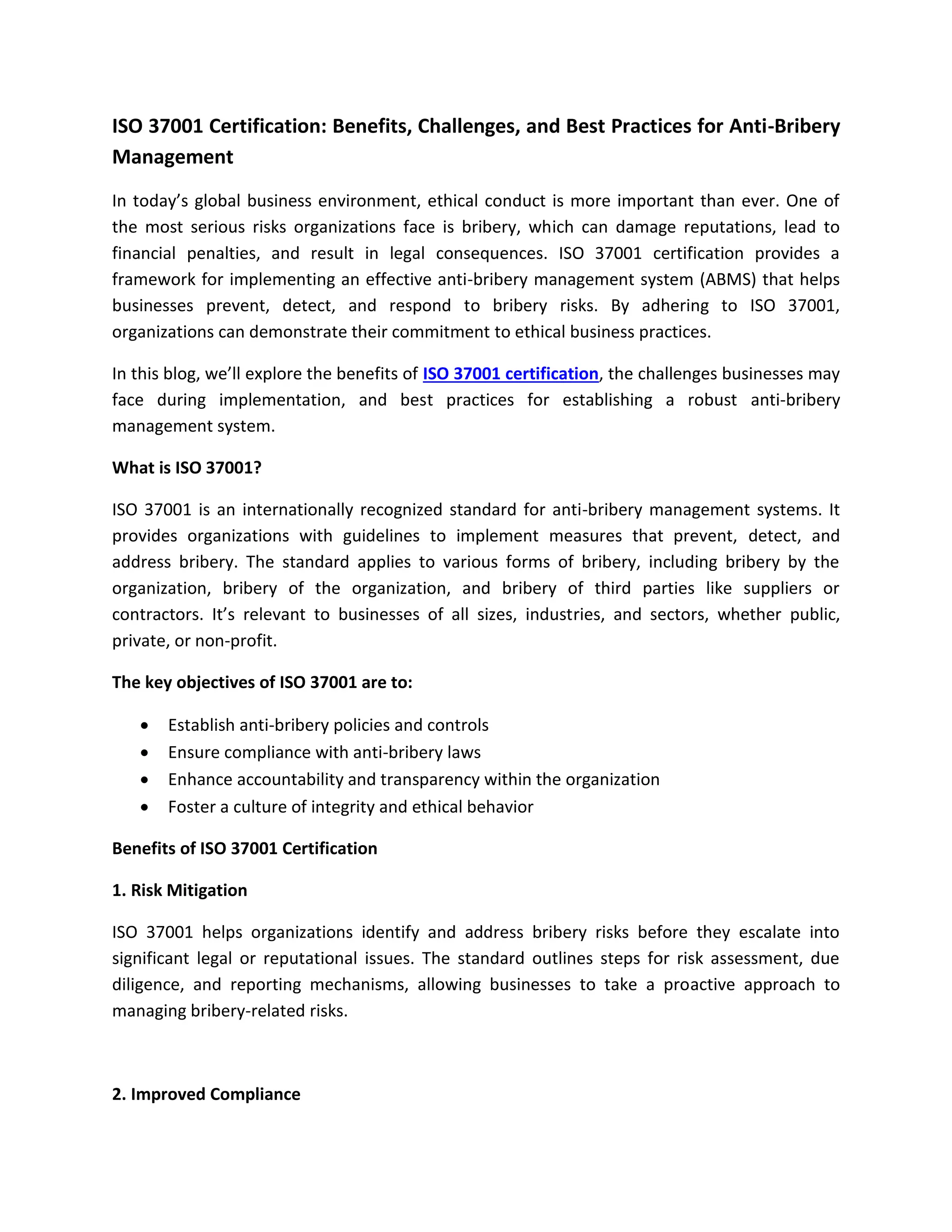 ISO 37001 Certification: Benefits, Challenges, and Best Practices for Anti-Bribery Management | PDF