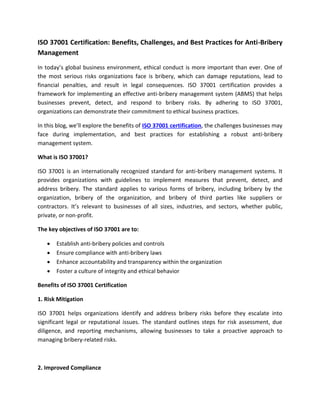ISO 37001 Certification: Benefits, Challenges, and Best Practices for Anti-Bribery Management | PDF