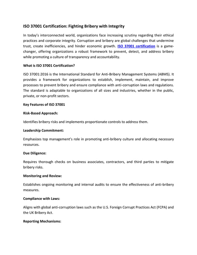 ISO 37001 Certification: Fighting Bribery with Integrity | PDF
