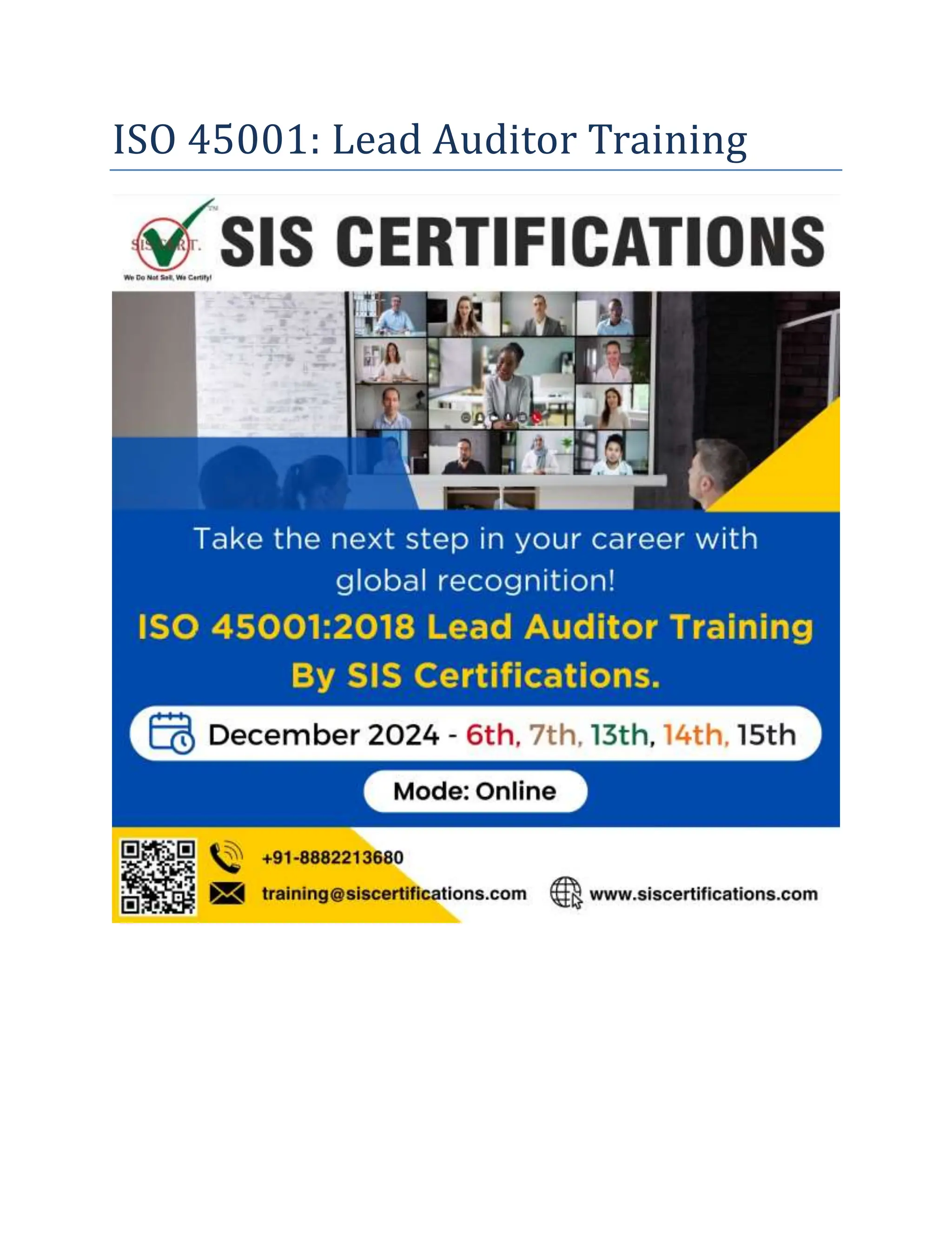ISO 45001: Lead Auditor Training by SIS Certifications | PDF