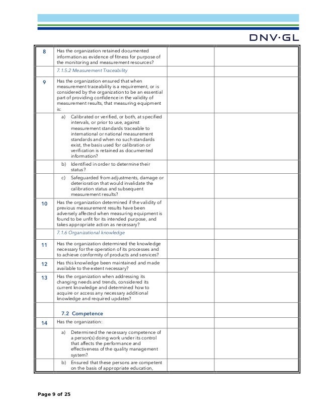 Iso 90012015 internal audit checklist evidence - channeletp