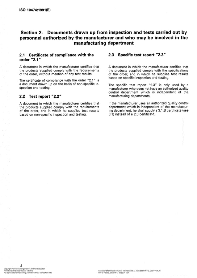 Iso 10474 steel and steel products - inspection documents