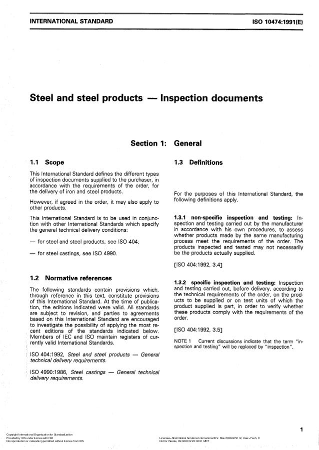 Iso 10474 steel and steel products - inspection documents