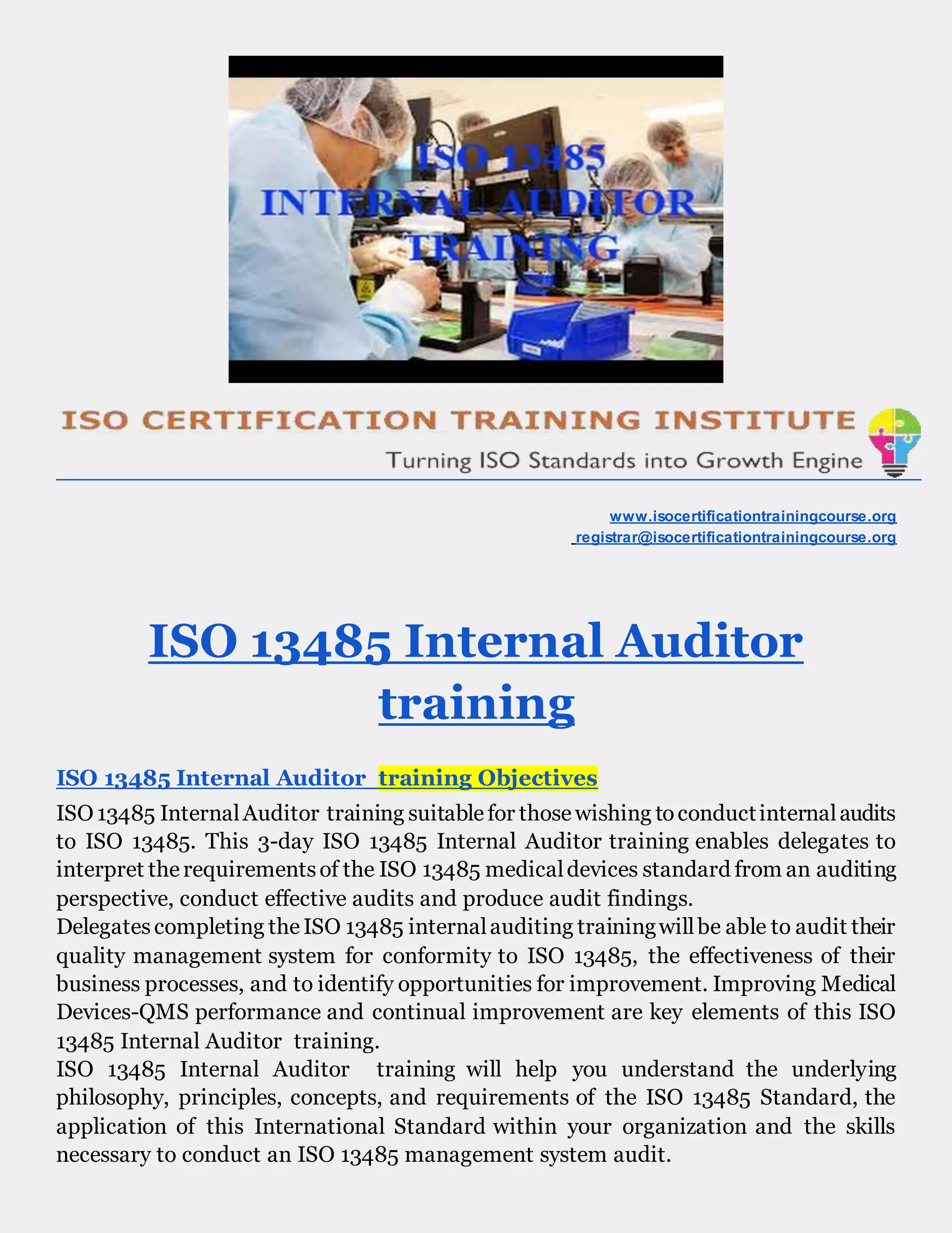 ISO 13485 | ISO 13485 Training | ISO 13485 INTERNAL AUDITOR TRAINING | DOCX ISO 13485 | ISO 13485 Training | ISO 13485 INTERNAL AUDITOR TRAINING | DOCX