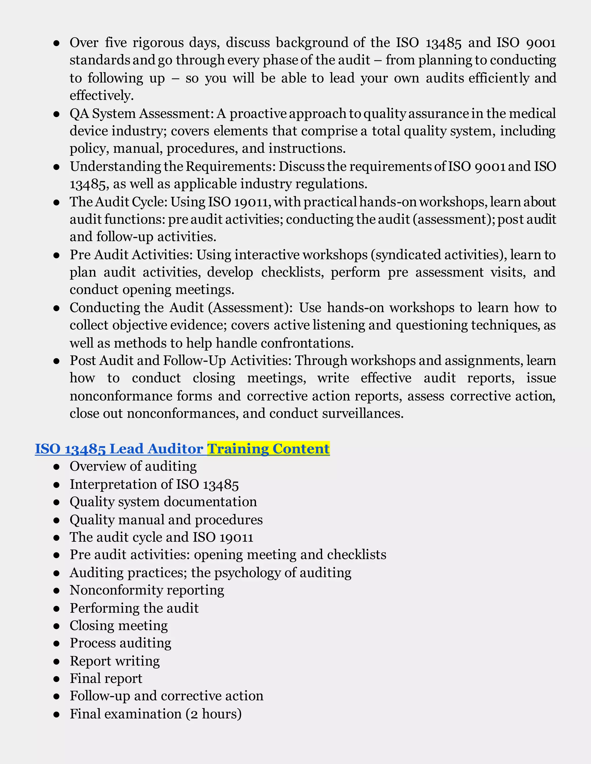 ISO 13485 | ISO 13485 Training | ISO 13485 LEAD AUDITOR TRAINING | DOCX
