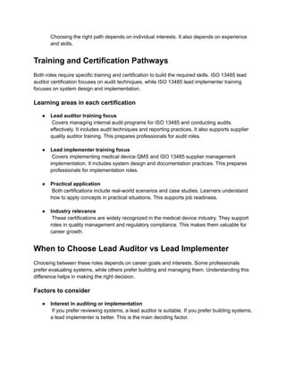 ISO 13485 Lead Auditor vs Lead Implementer: Key Differences | PDF