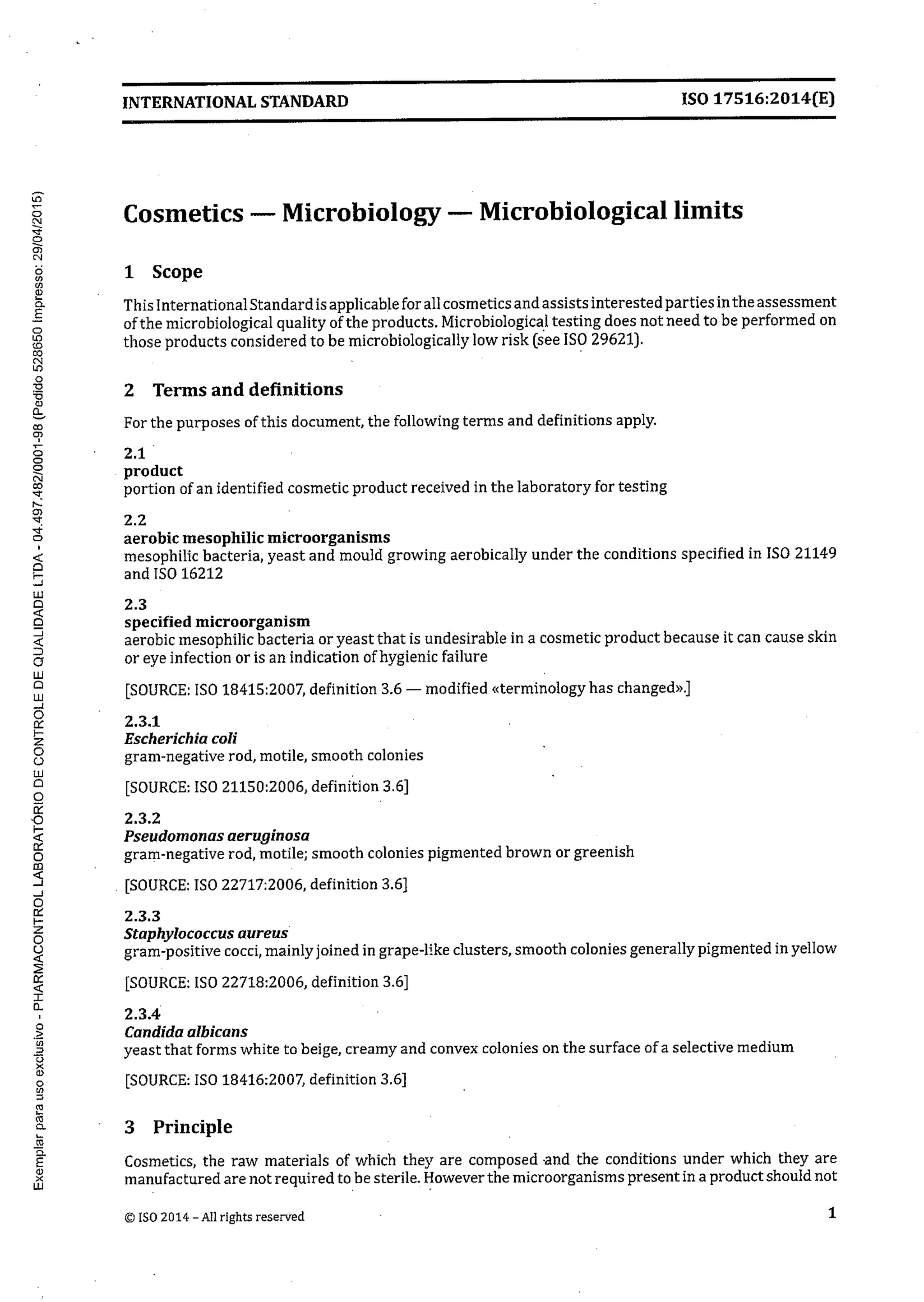 Iso 17516 2014 cosmetics - microbiological limits | PDF