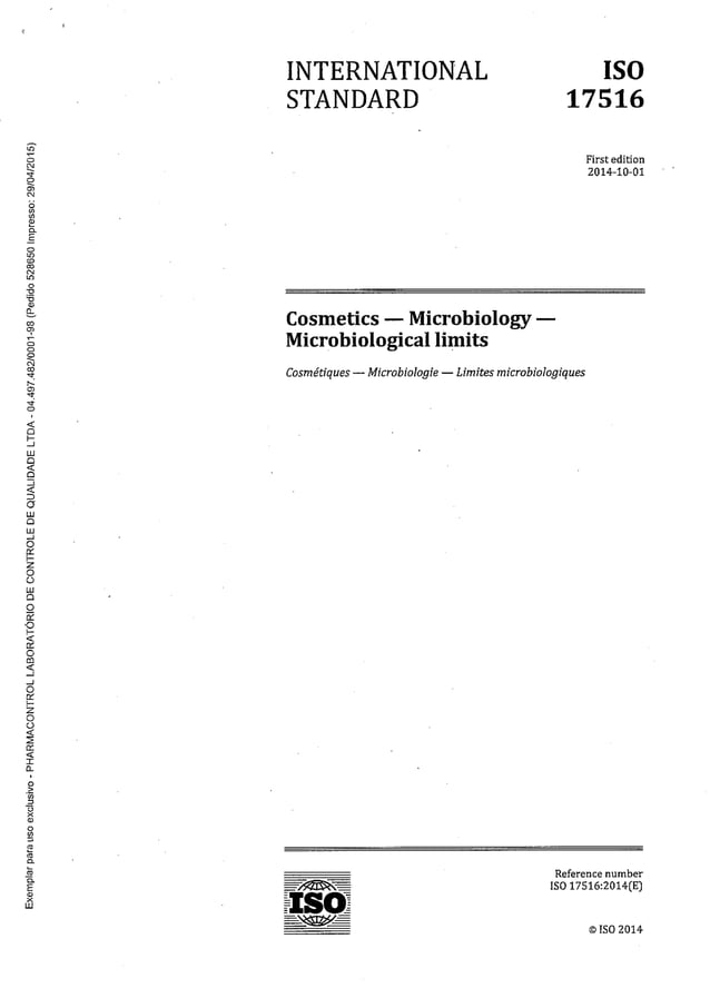 Iso 17516 2014 cosmetics - microbiological limits | PDF